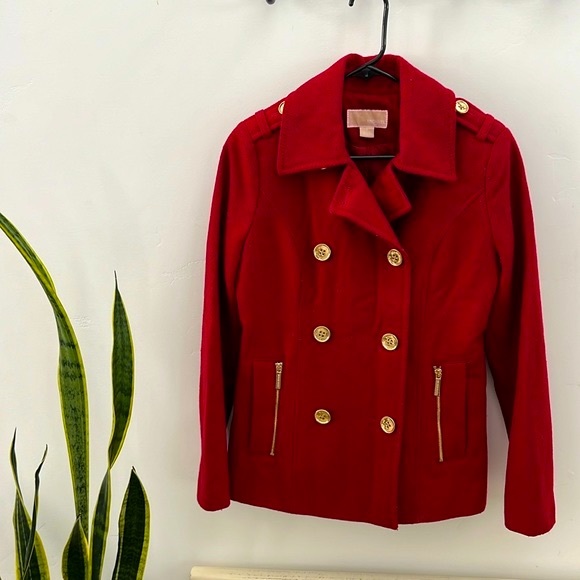 Michael Kors | Jackets & Coats | Michael Kors Red Peacoat Gold Buttons ...